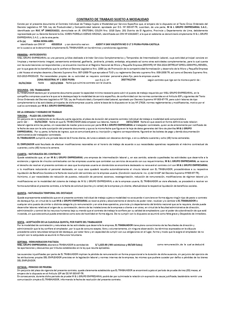 Contrato Neira Abel | PDF | Derecho laboral | Salario