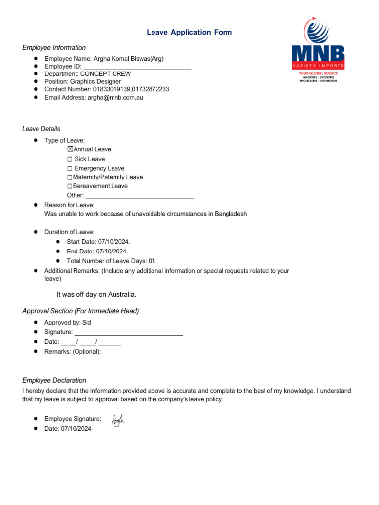 Leave Application Form for Annual Leave | PDF