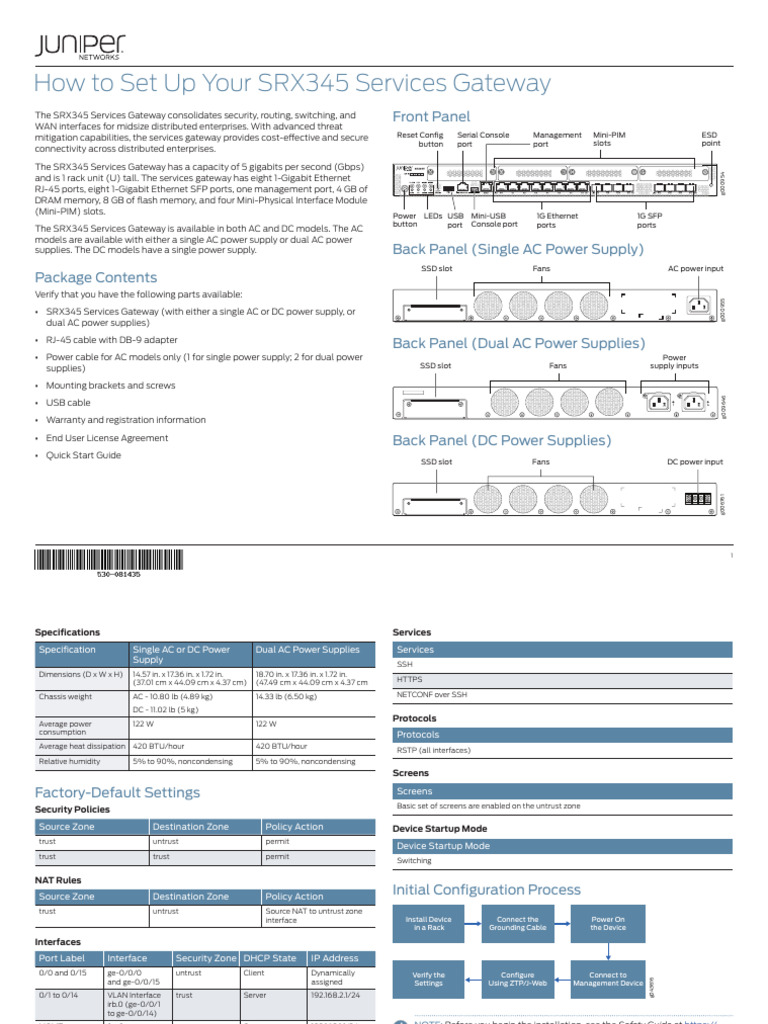 Juniper - 530 081435 srx345 How To Set Up | PDF | Ip Address | Power Supply