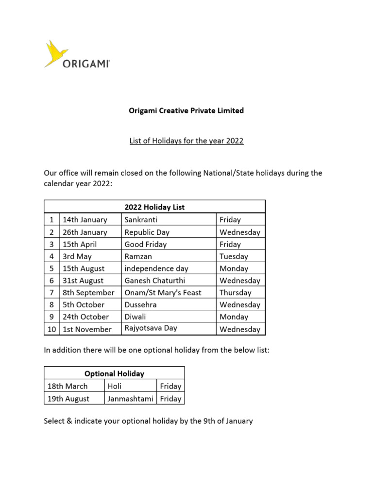 Holiday List 2022 | PDF