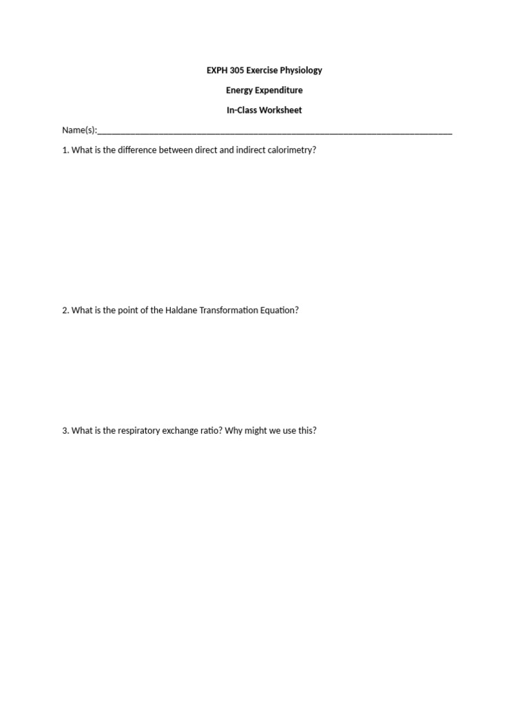 Energy Expenditure Inclass Activity Worksheet | PDF