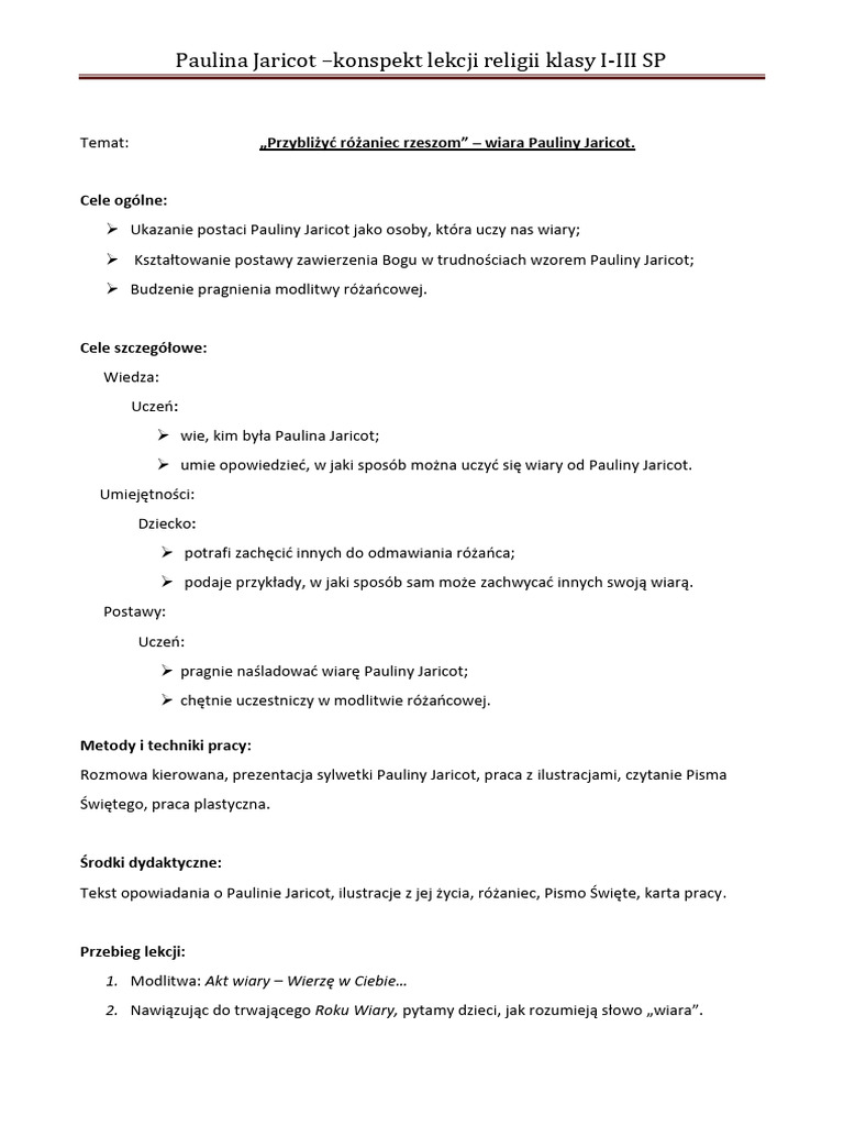 Paulina-Jaricot–konspekt-lekcji-religii-klasy-1-3-SP | PDF