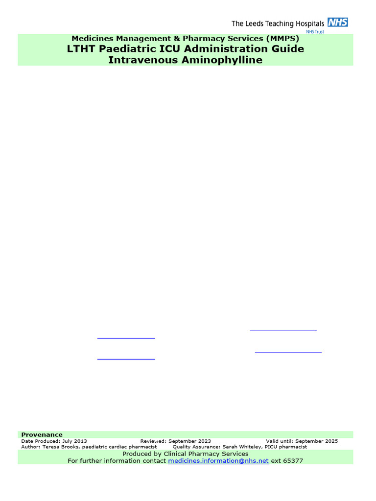 PICU Aminophylline Monograph | PDF | Intravenous Therapy | Pharmacy