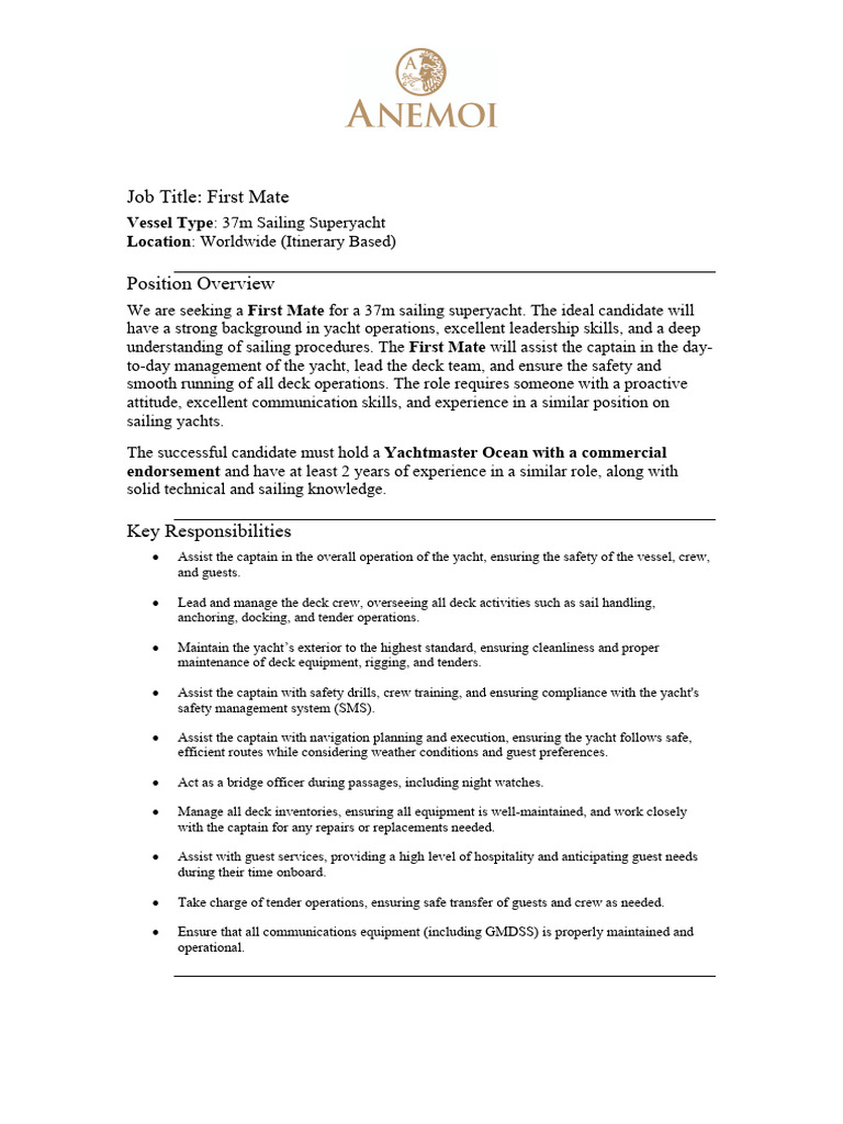 First Mate Job on 37m Sailing Yacht | PDF | Yacht | Sea Captain