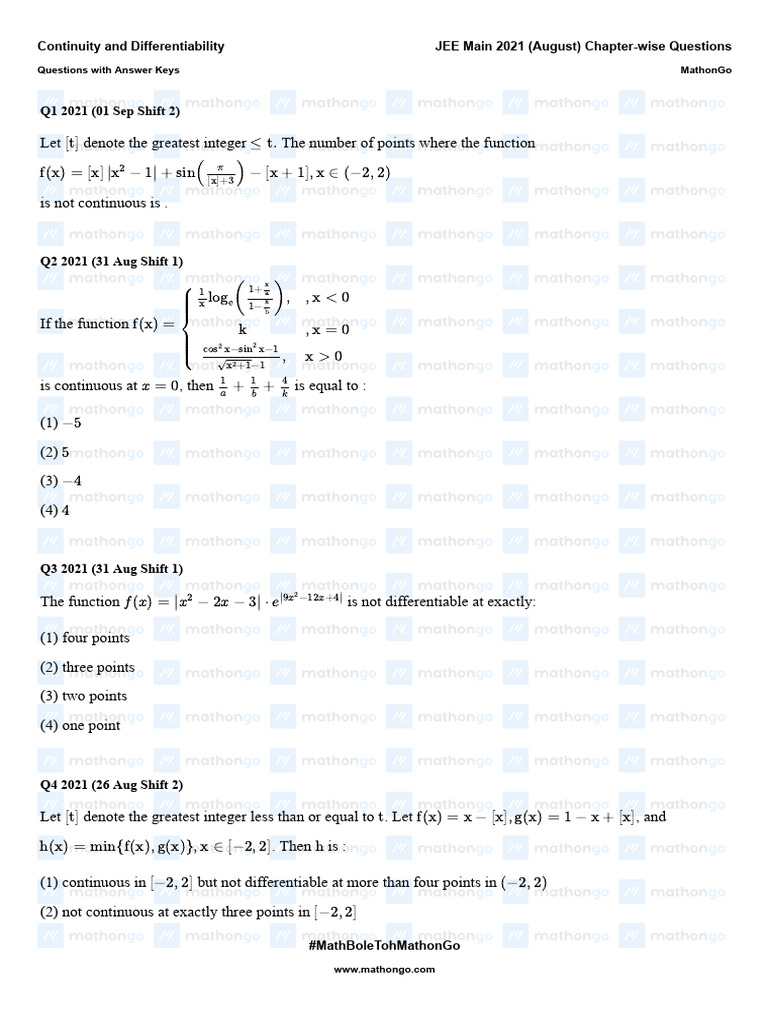 Continuity and Differentiability - JEE Main 2021 August Chapter-Wise ...
