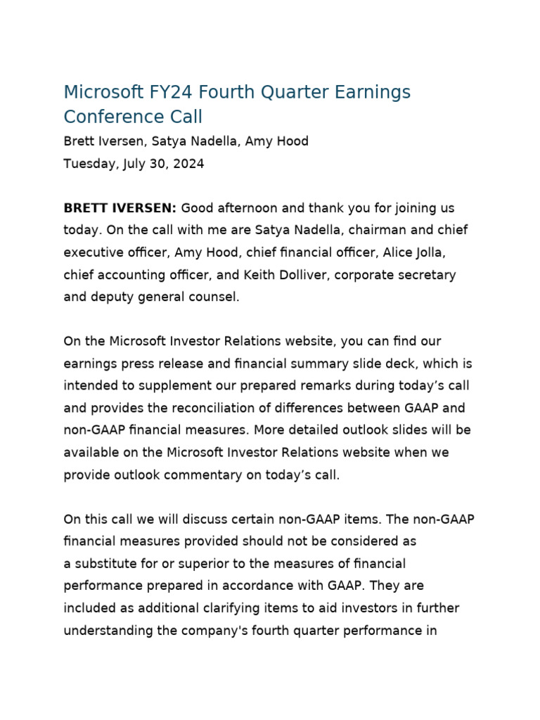 Microsoft - TranscriptFY24Q4 | PDF | Gross Margin | Microsoft Azure