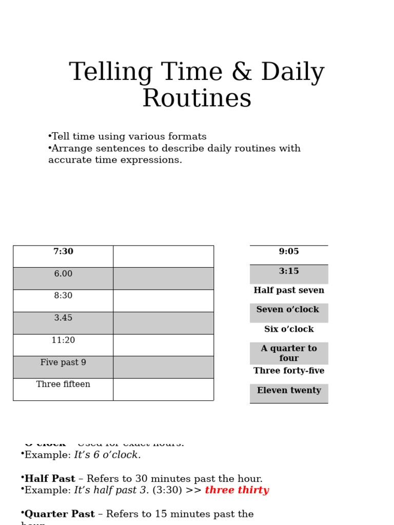 Telling Time & Daily Routines | PDF | Lunch | Grammar