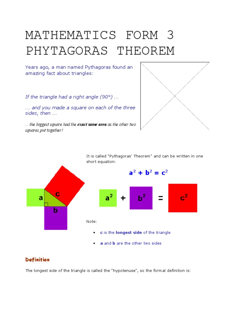 Mathematics Form 3 (Phythagoras Theorem) | PDF | Triangle | Geometric Shapes