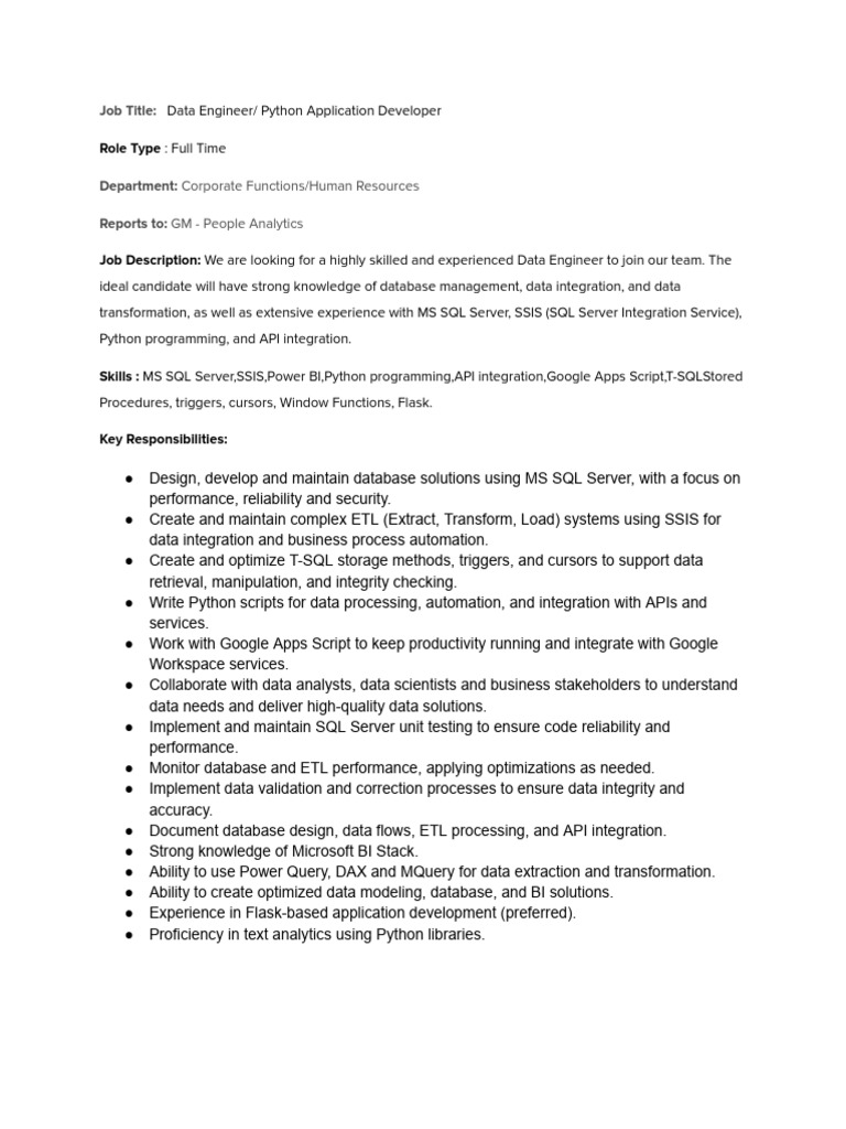 Data Engineer - People Analytics | PDF | Microsoft Sql Server | Databases