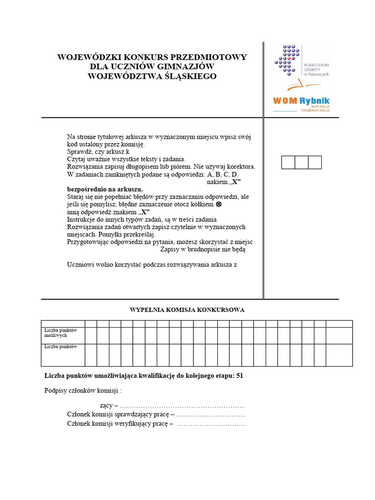 Wojewódzki Konkurs Przedmiotowy Dla Uczniów Gimnazjów Województwa Śląskiego W ROKU SZKOLNYM 2016 ...