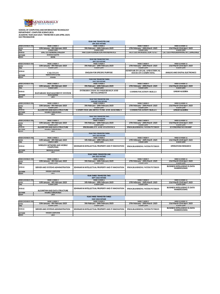 BCS Teaching Timetable Jan April 2025 | PDF | Computing | Computer Science