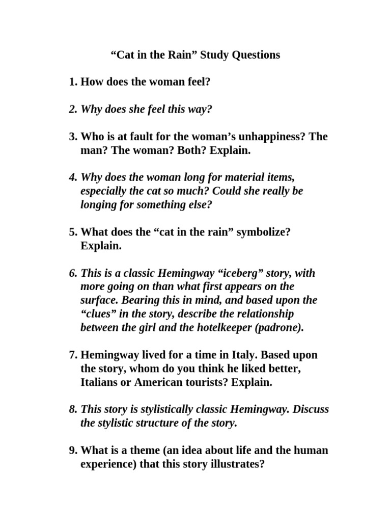 "Study Questions for 'Cat in the Rain'" | PDF