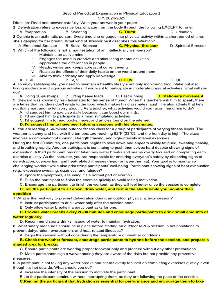 Physical Education Exam: Health & Safety | PDF | Physical Fitness ...