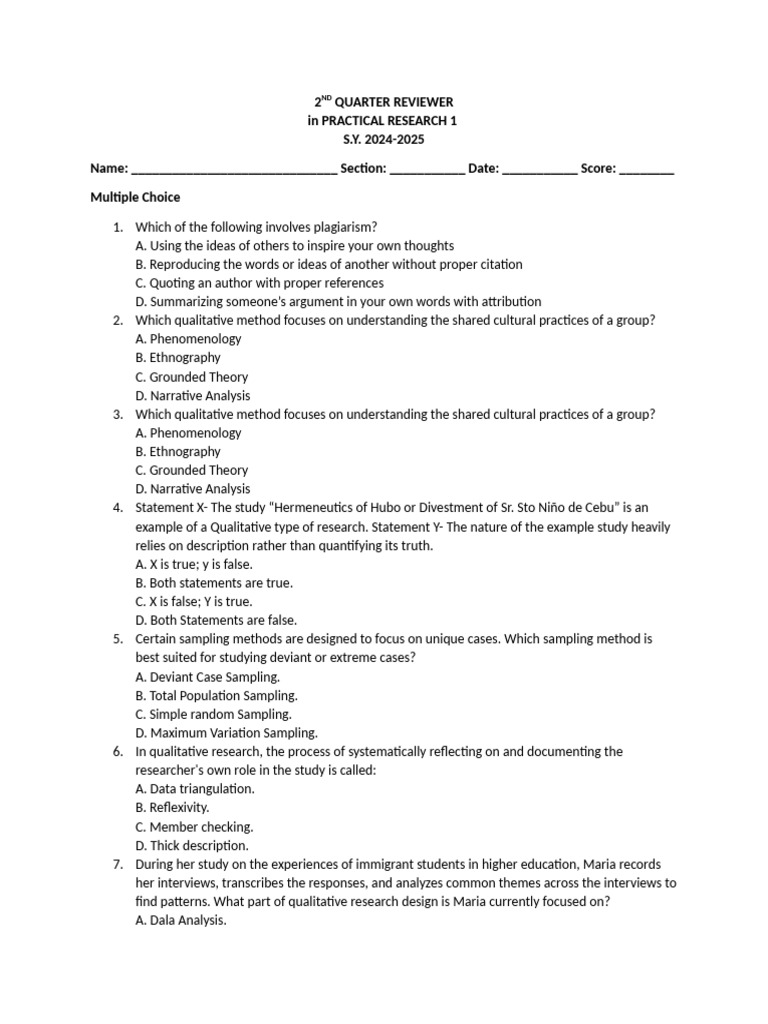 2ND-QUARTER-REVIEWER-PR1 | PDF | Qualitative Research | Sampling ...