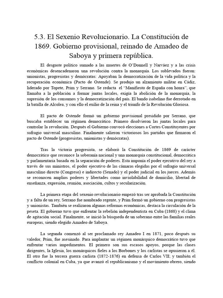 Sexenio Revolucionario y Constitución 1869 | PDF | España | Política de españa