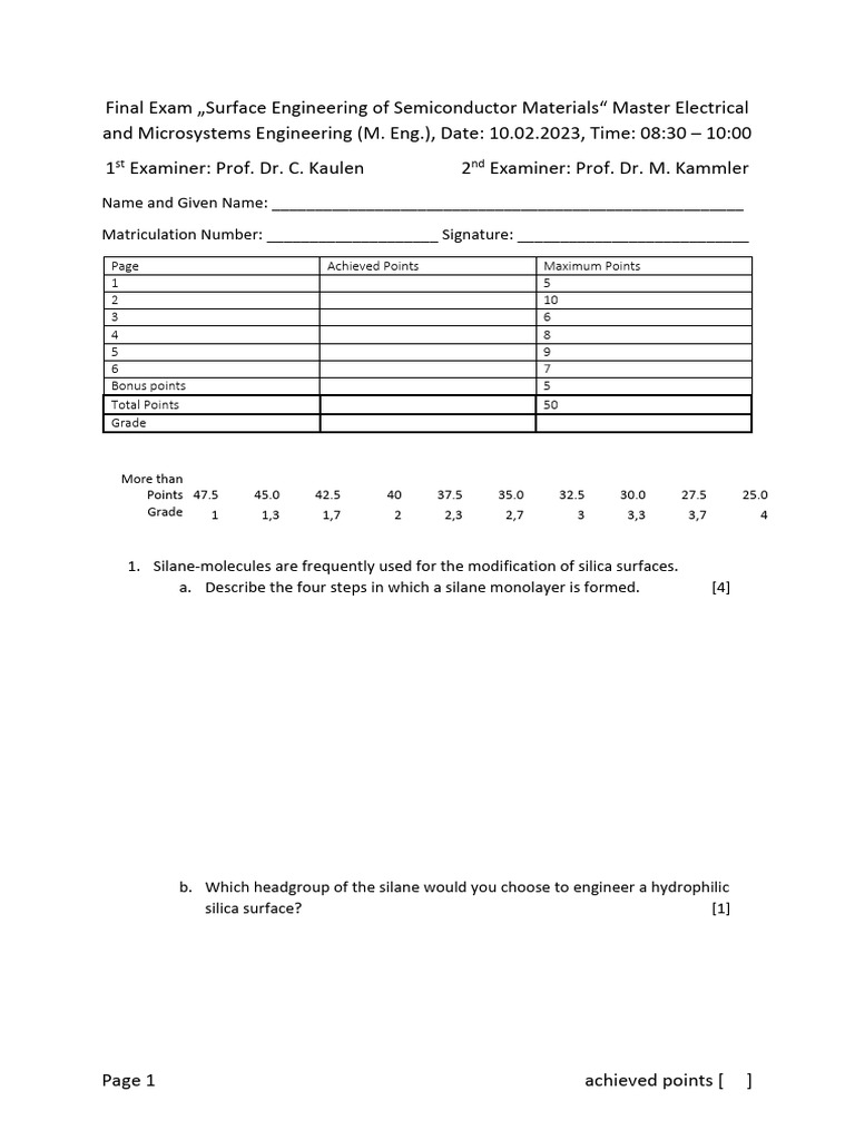 Final Exam Surface Eng_WS22_23 | PDF | Photolithography | Materials