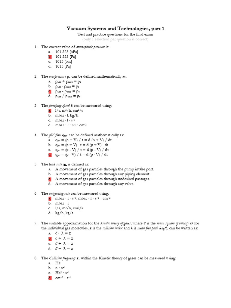 Vacuum Systems Exam Questions Part 1 | PDF | Pressure Measurement | Pump