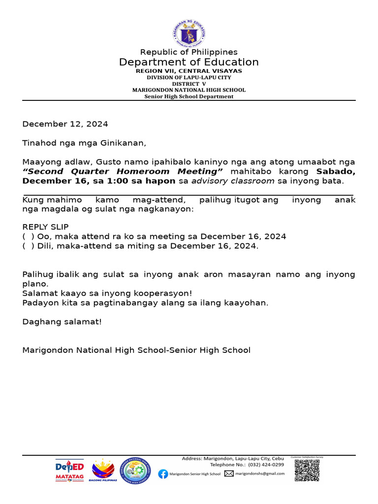 COMMUNICATION LETTER TO PARENTS For The HPTA Meeting 1 | PDF