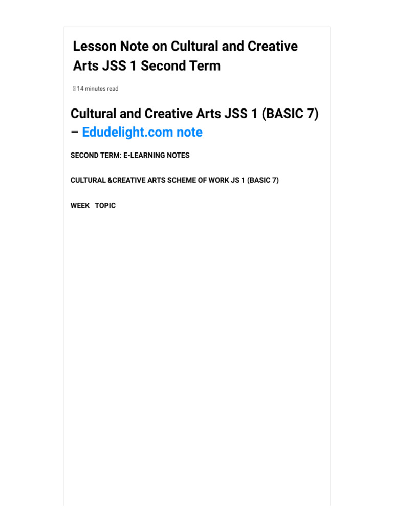 Lesson Note On Cultural and Creative Arts JSS 1 Second Term | PDF | Textiles | Dyeing