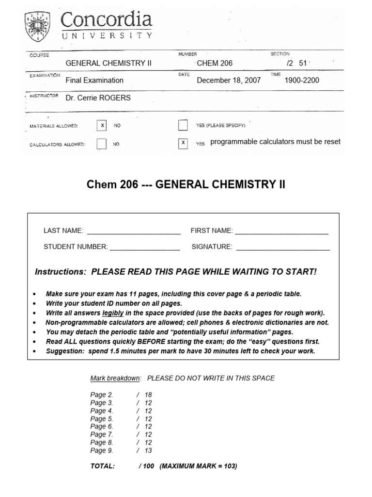 206 Final Exam CWR F2007 | PDF | Solubility | Chemistry