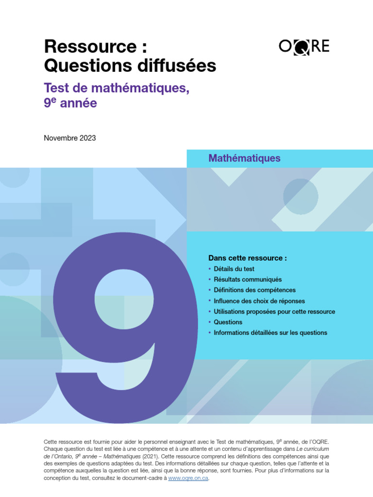 Questions Test Math 9e OQRE 2023 | PDF | Mathématiques | Nombre rationnel