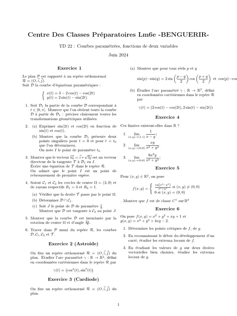 Étude des courbes paramétrées et fonctions | PDF | Tangente (géométrie ...