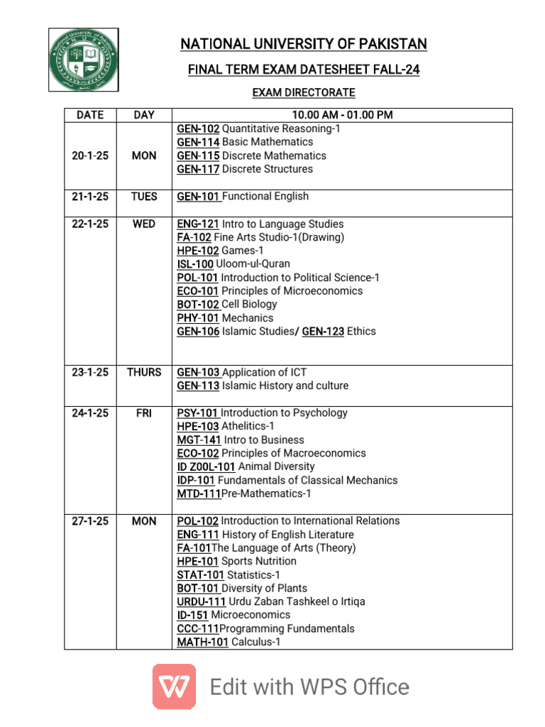 Final Datesheet Fall 2024 Pdf Science