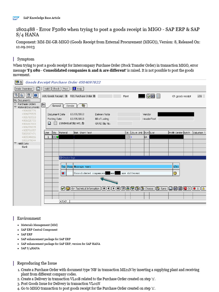 Resolving SAP F5080 Error in MIGO | PDF | Sap Se | Computing