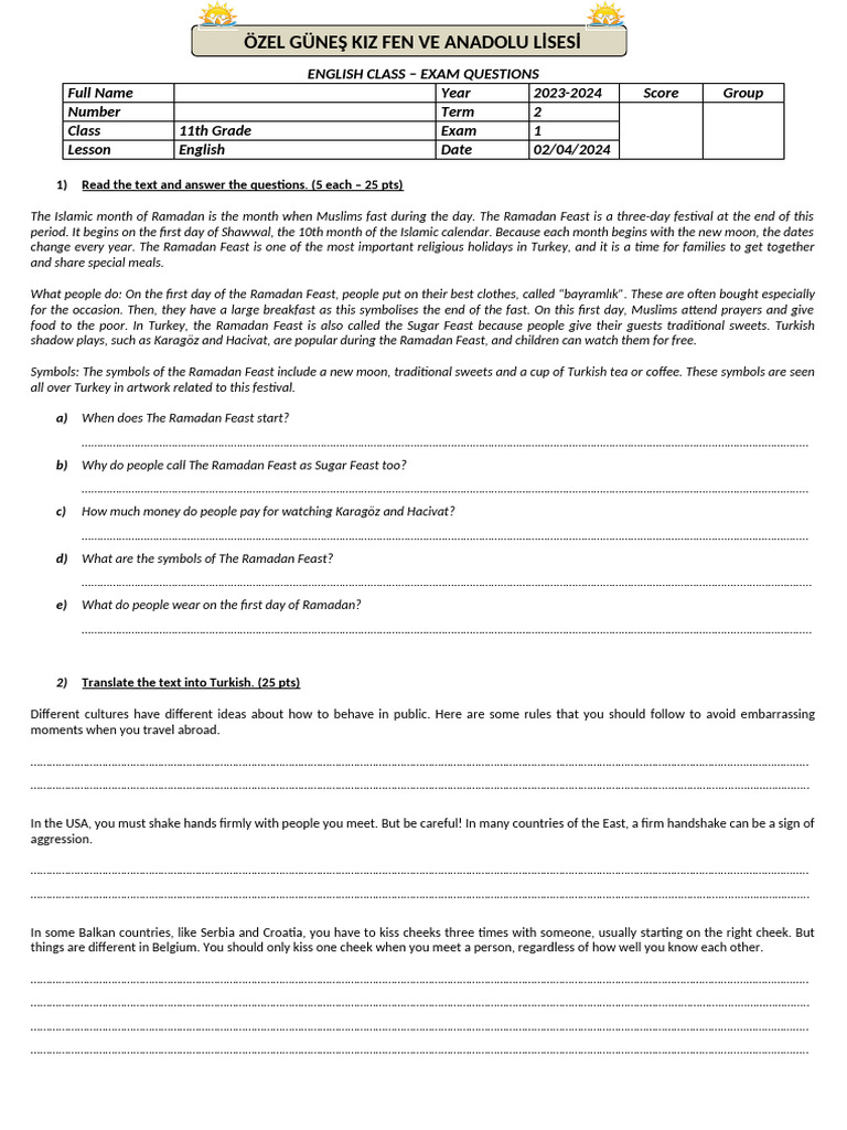 11th Grades - 2nd Term - 1st Exam | PDF