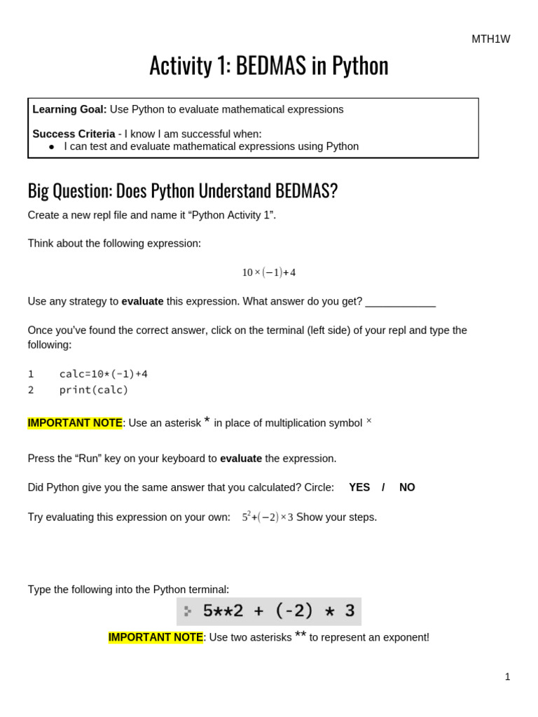 8 - Coding Interlude - MTH1W Python Activity 1 - BEDMAS | PDF ...
