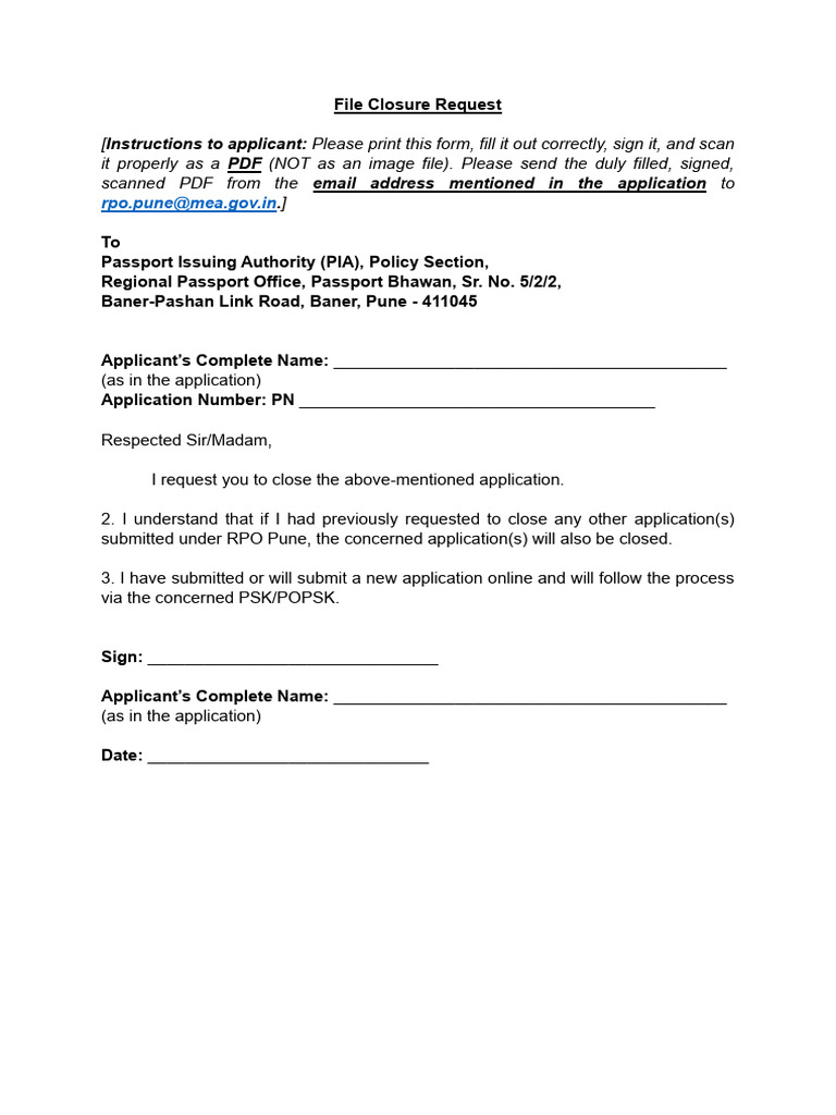 File Closer Request | PDF