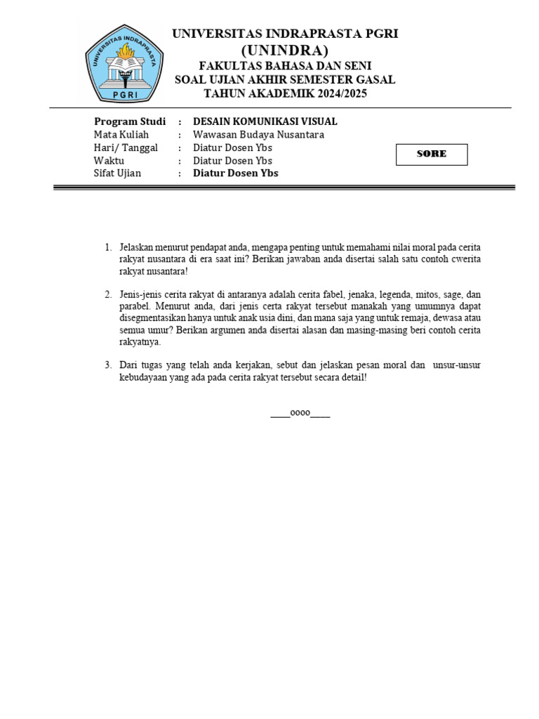 Soal UAS Wawasan Budaya Nusantara Sore Diatur Dosen Ybs | PDF