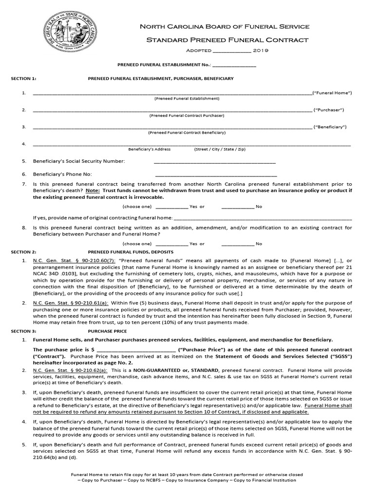 North Carolina Preneed Funeral Contract | PDF | Insurance | Life Insurance