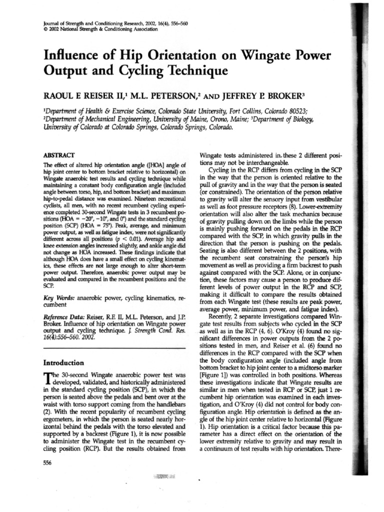 Influence of Hip Orientation On Wingate Power Output and Cycling ...