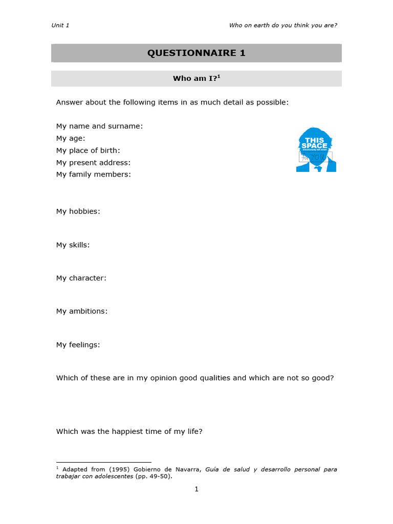 9 Unit 1 Questionnaire 1 | PDF