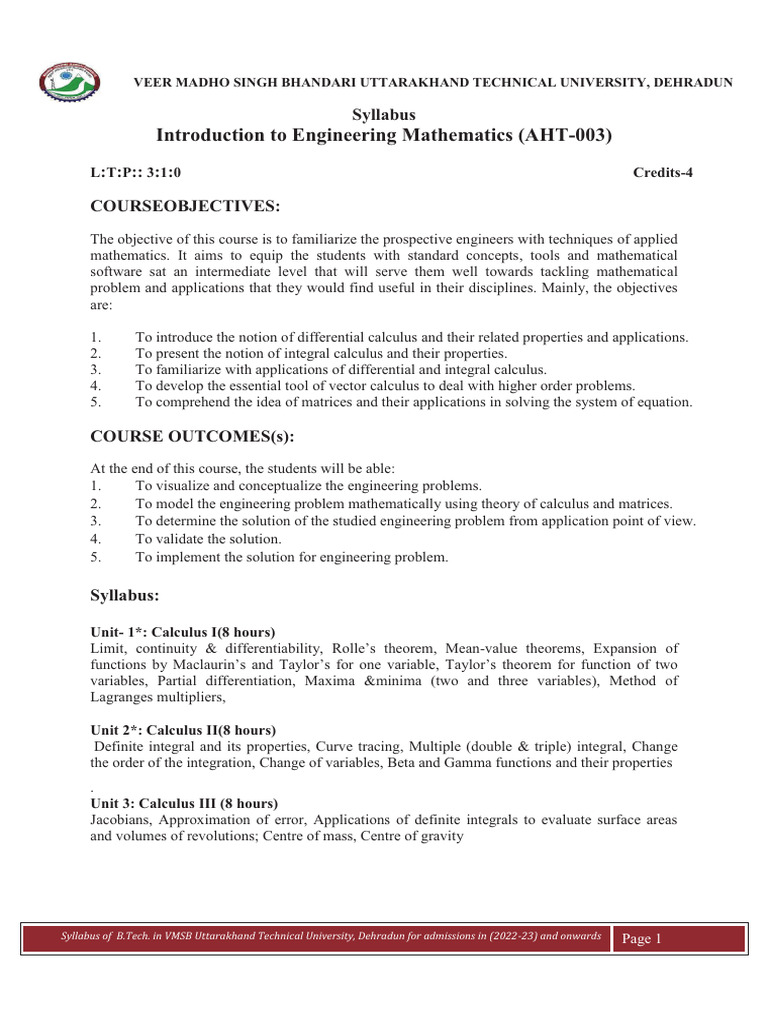 M1 syllabus | PDF | Calculus | Integral