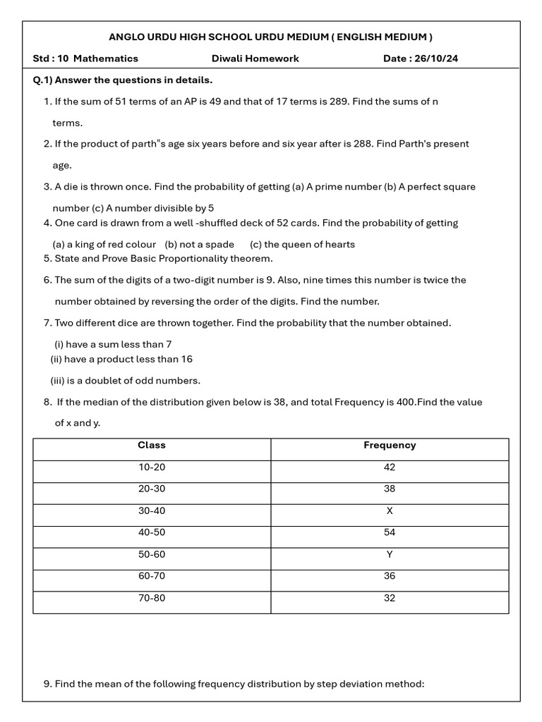 STD 10 Maths Diwali Homework | PDF | Numbers | Mean