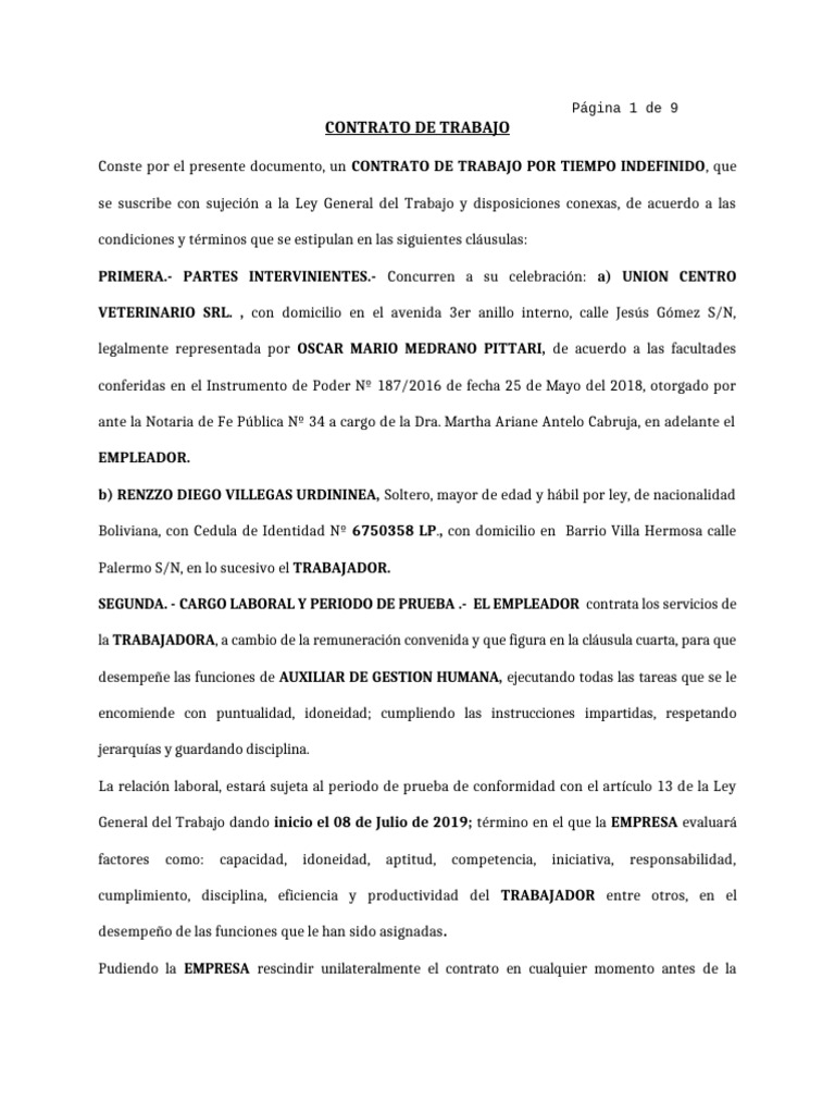 Nuevo Contrto Indefinido Adm Renzzo Diego Villegas | PDF | Derecho laboral | Salario