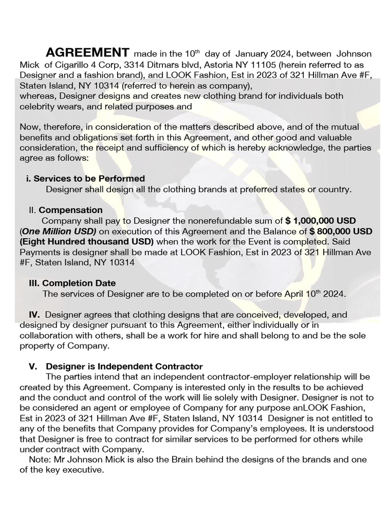 Agreement Between Johnson Mick and Look Fashion Design | PDF | Business ...