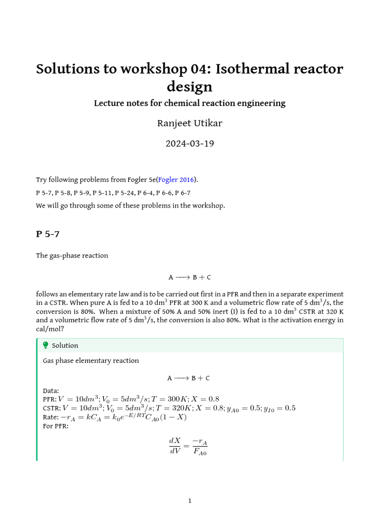 Isothermal Reactor Design Solutions | PDF | Chemical Reactor | Chemistry