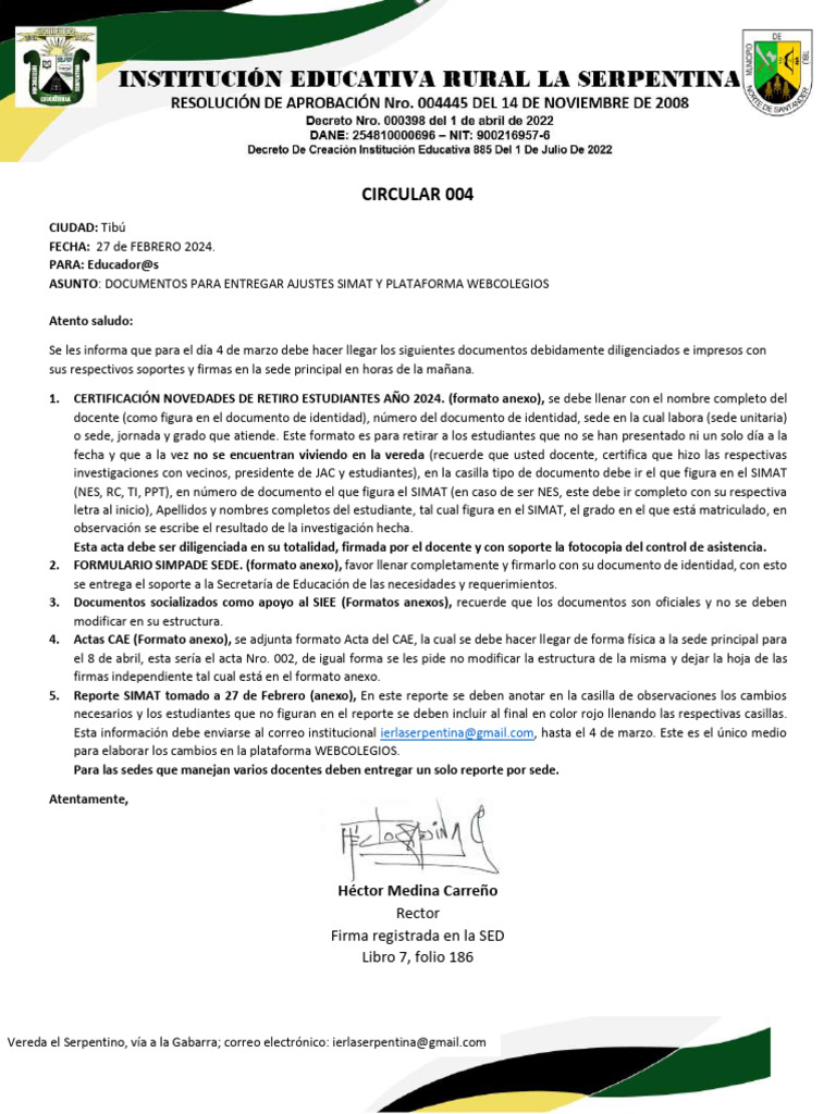 Entrega de Documentos SIMAT y Webcolegios | PDF
