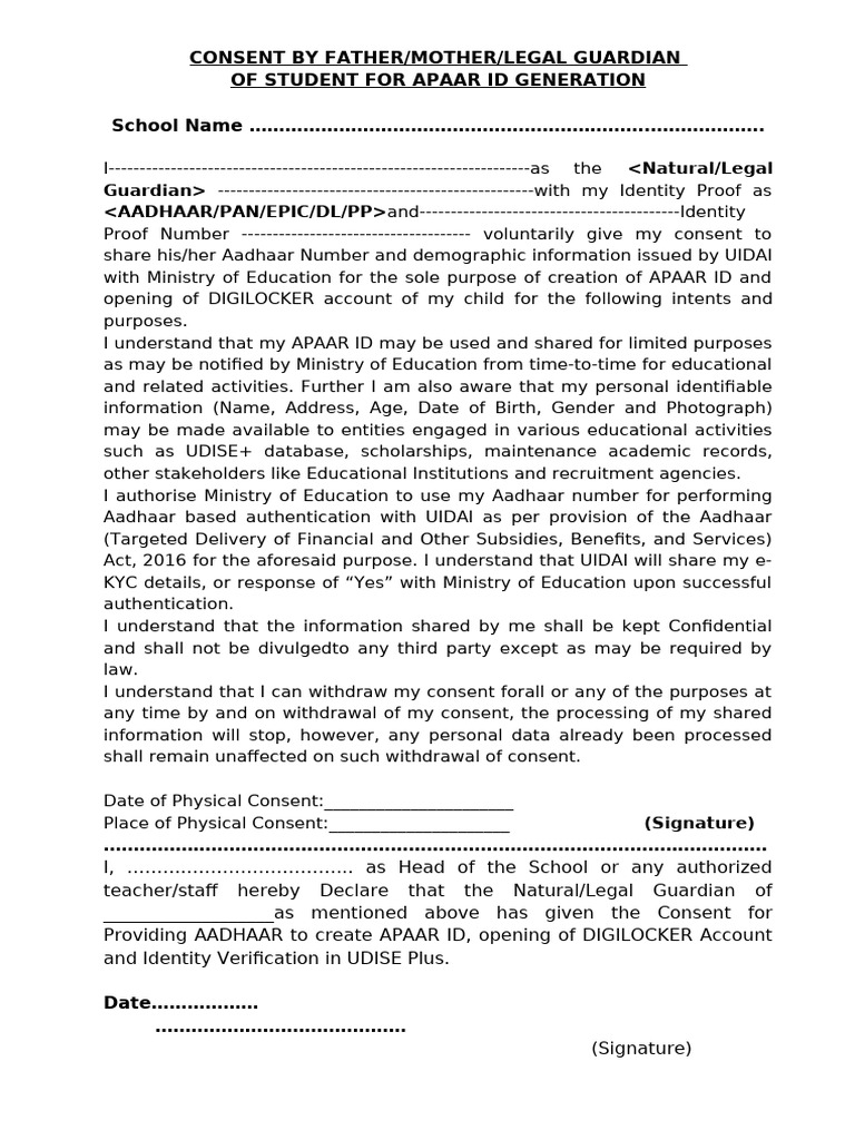 Consent Form APAAR Modified Approved | PDF | Authentication | Access Control