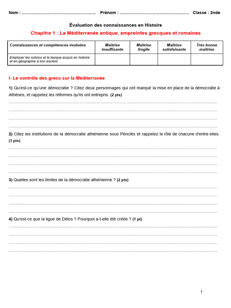 Évaluation Des Connaissances (2nde) - 2 | PDF