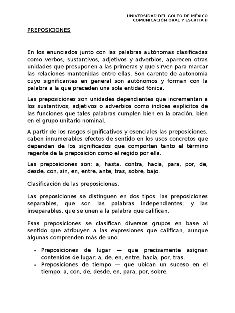 El uso y clasificación de las preposiciones en español | PDF | Palabra ...