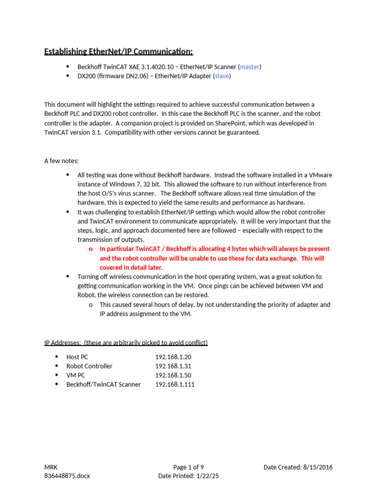 EtherNetIP Settings - Beckhoff Scanner to DX200 Adapter | PDF | Ethernet | Virtual Machine