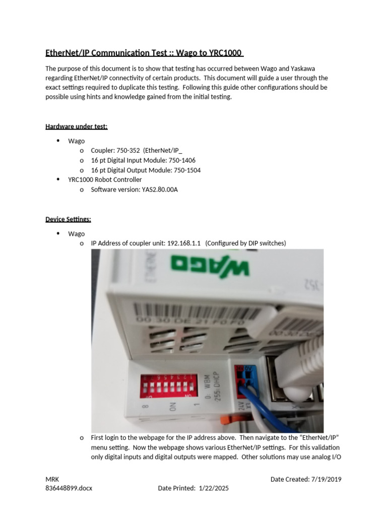 EtherNetIP Settings - Wago to YRC1000 Scanner | PDF | Internet Protocols | Bit