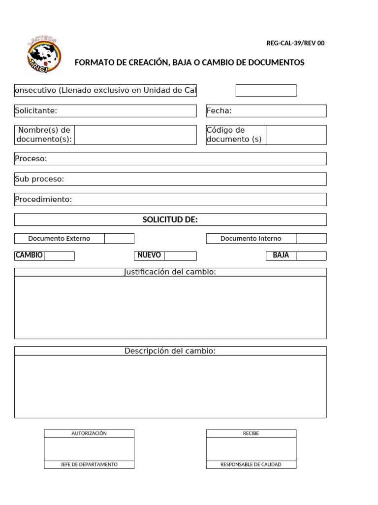(Reg-Cal-39) Formato de Creación, Baja o Cambio de Documentos | PDF