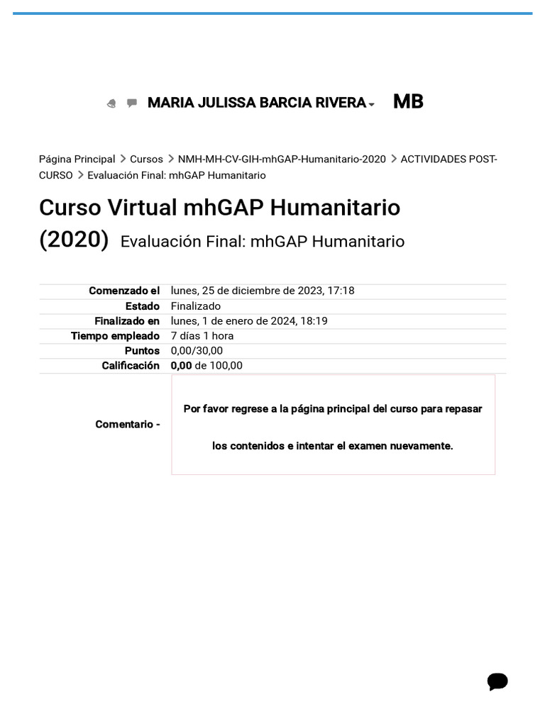 Evaluación Final del Curso mhGAP Humanitario | PDF | Trastorno ...
