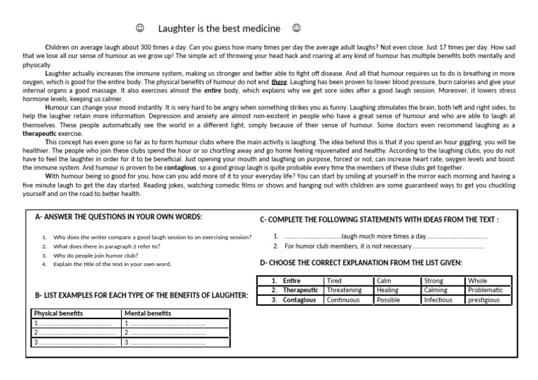 Humor Reading Comprehension Exercises 91999 | PDF | Laughter | Humour