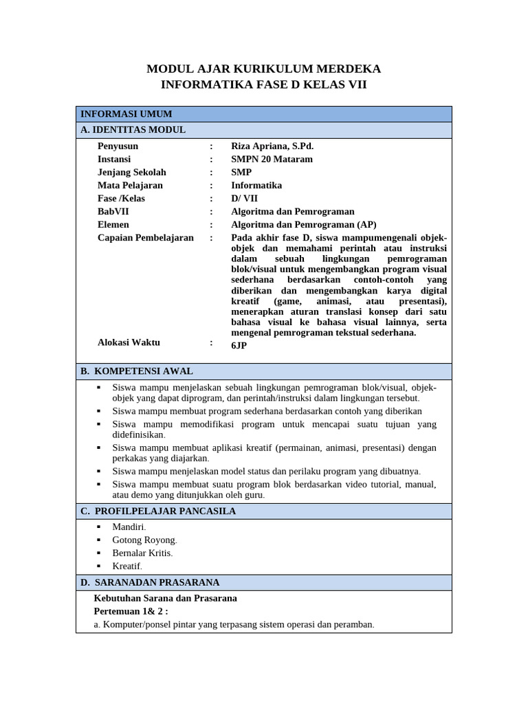 Modul Ajar Informatika Kelas 7 Fase D Bab 7 | PDF